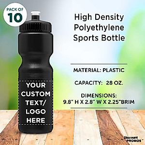 DISCOUNT PROMOS 28 oz. Custom Push Cap Plastic Water Bottles Set of 10, Personalized Bulk Pack - Perfect for Gym, Hiking, Camping, Outdoor Sports - Black