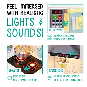 Lil' Jumbl Jumbl Kids Wooden Kitchen Set, Pretend Working Sink with Real Running Water, includes Range Hood, Microwave & Stove Top That Make Realistic Sound & Light, Full Accessory Set Included