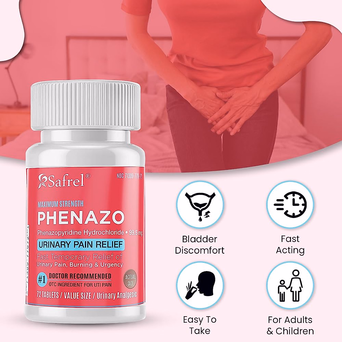 Safrel Urinary Relief - 72 Tablets, 99.5mg Phenazopyridine HCl - Fast-Acting UTI Relief for Bladder Discomfort & Pain - Adults & Children-1-Pack