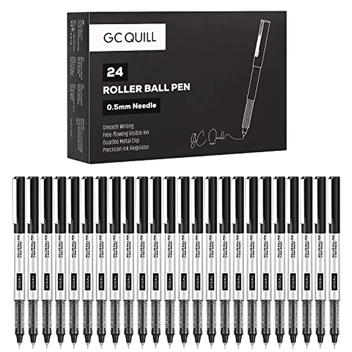 GC QUILL Rollerball Pens, Pack of 24, 0.5mm Black Liquid Ink Pens for Bullet Journaling, Fine Point Rollerball, Office Supplies for Writing, Taking Notes & Sketching BK24