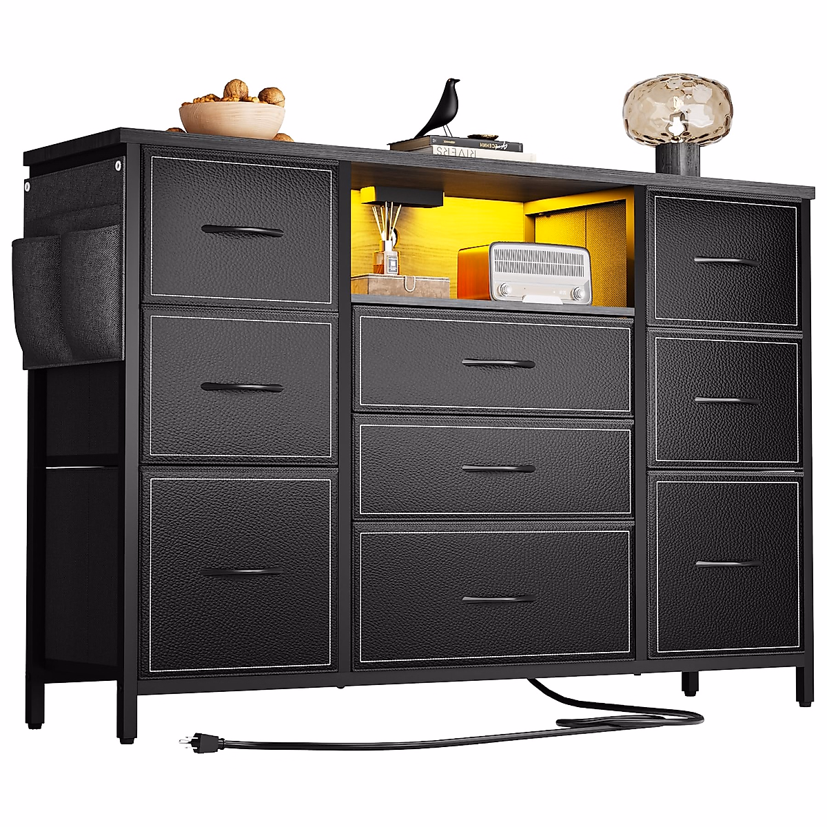 Yenlure Black Dresser for Bedroom Dresser with LED Lights and Charging Station, LED Dresser TV Stand with Drawers Hanging Storage Bag PU Finish, Chests of Drawers for Bedroom Adult, Women, Mens.