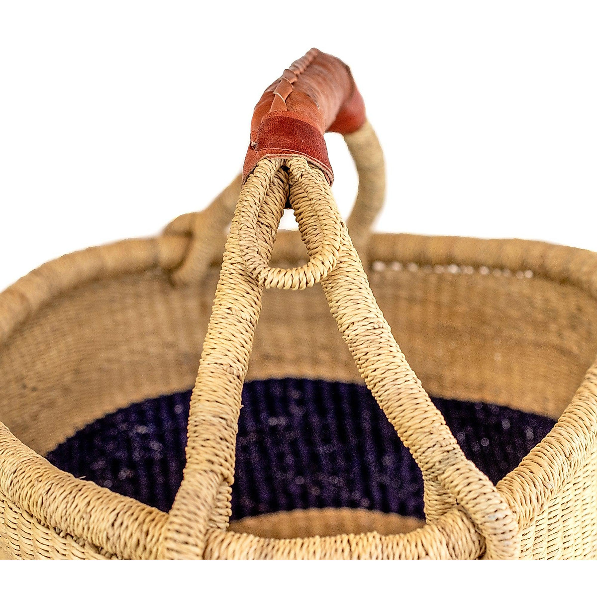 The Bead Chest African Bolga Basket | Genuine Leather Handle | Woven Handmade Fair Trade Product | 100% Authentic Ghanaian | 16-18 Inches Across | Indigo Blue - Striped