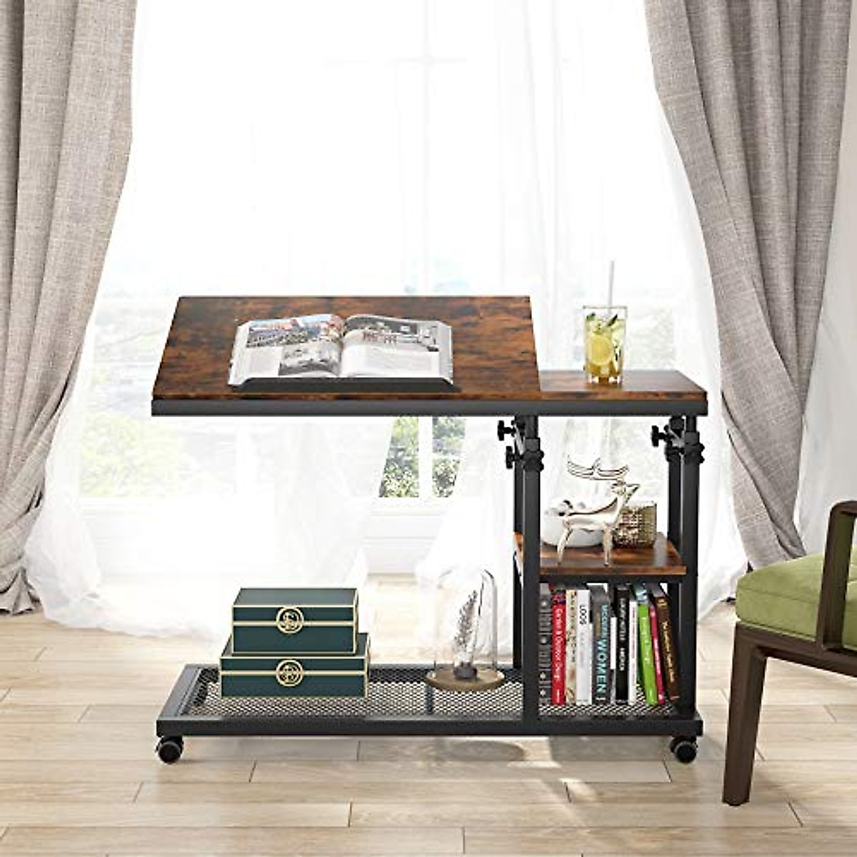 Tribesigns Height Adjustable C Table with Wheels, Mobile Couch Snack Side Table with Tiltable Drawing Board, Sofa Bedside Laptop Stand C Shaped TV Tray with Storage Shelves (Brown)