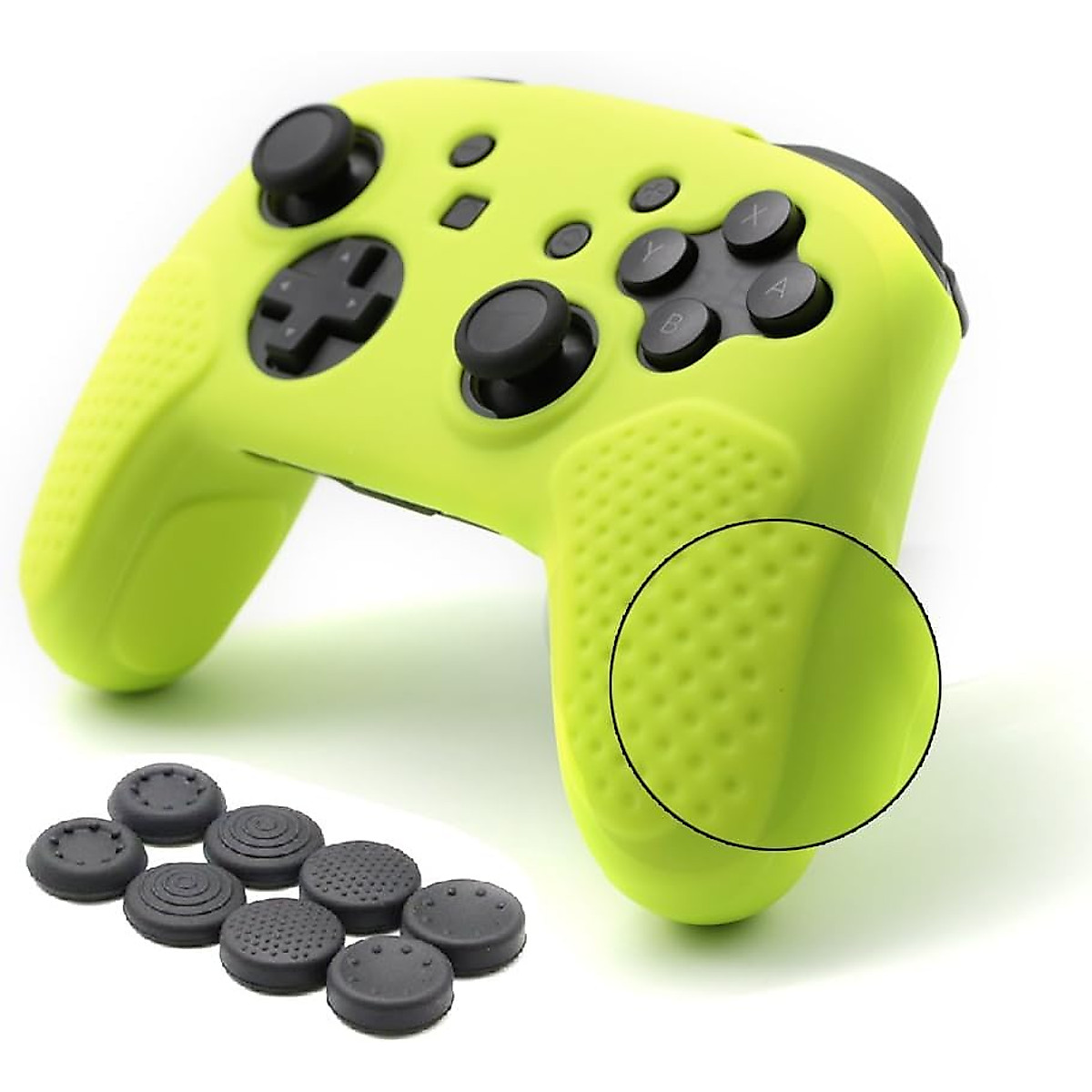 CHINFAI Silicone Case Grip for Nintendo Switch Pro Controller with 4 Pair/8 Pcs Thumbstick Caps, (Yellow)