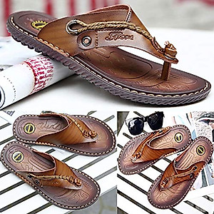 MXTSH Mens Flip Flops Slippers Summer Sandals Coffee Leather Us Size 7 (40)