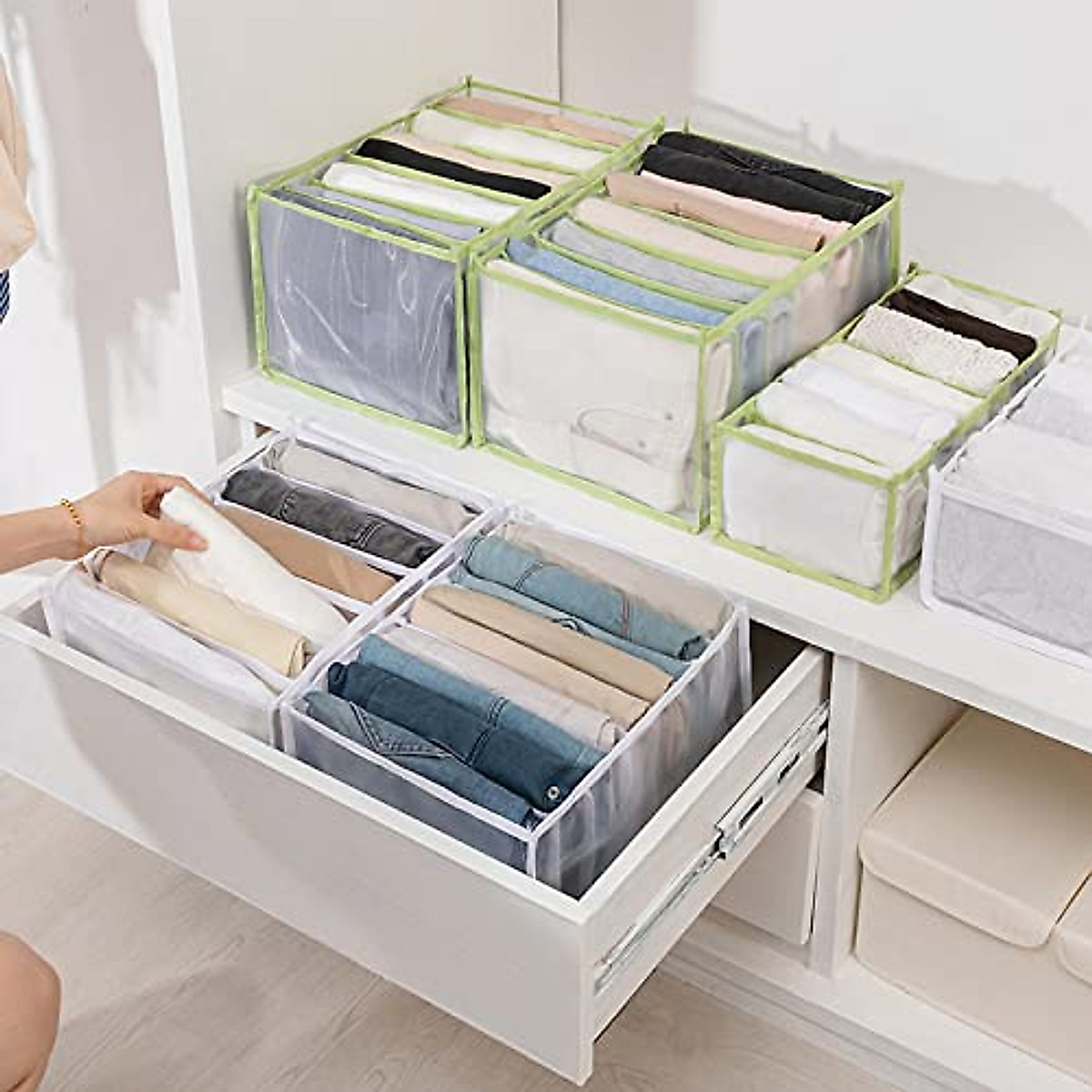 funluck Drawer Organizer for Clothes Jeans Compartment Storage Box Wardrobe Closet Organizers Storage Baskets Foldable Easy to Clean Save Space Clothes Drawer Mesh for Bedroom (2Gy,7grids-M)