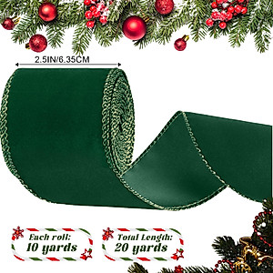 Riceshoot 2 Rolls Christmas Velvet Ribbon 2.5 Inch 20 Yards Xmas Velvet Wired Ribbon with Gold Edge for Christmas Tree Decorations Wreath Bow Making (Green)