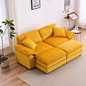 Corduroy Sectional Couch, 84“ Width Oversize Loveseat Sofa, Comfy Plush Cloud Couch Lounge Chair with Ottomans and 2 Pillows for Small Spaces, Living Room, Bedroom, Office Easy to Install (Yellow)