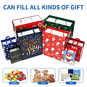 Novnsoi 24 PCS Christmas Bags Bulk Set for Wrapping Holiday Gifts, Recyclable Festival Bags with Snowman, Reindeer, Christmas Bell/Tree, Snowflake, Gin Design - 6 X-Large,6 Large,6 Medium,6 Small