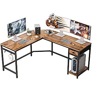 Furologee L Shaped Computer Desk with Drawer and Shelves, 59"Large Corner Desk with 2 Hooks, Gaming Desk Modern Office Desk Writing Study Table Workstation for Home Office, Space-Saving, Rustic Brown