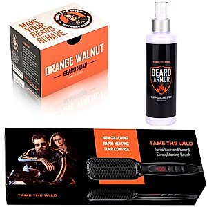 Tame's Beard Straightener for Men - Hair and Beard Armor - Orange Walnut Beard Soap - Bundle.