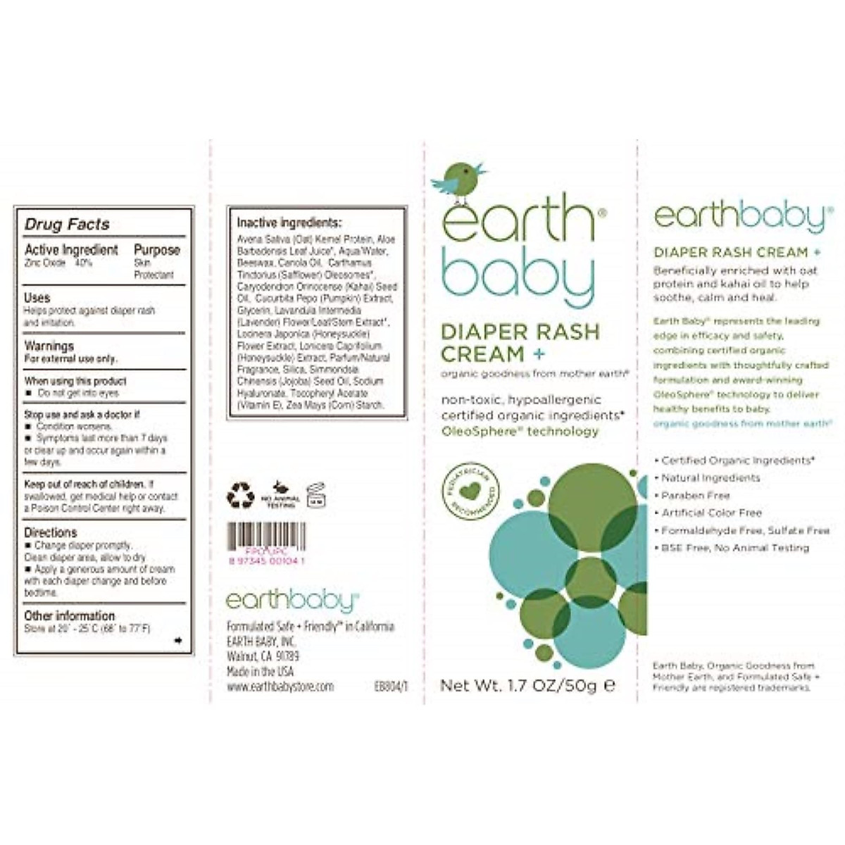 Earth Baby Diaper Rash Cream +, 1.7 Oz, Zinc-Based, Hypoallergenic for Sensitive Skin, Natural and Organic, Pediatrician and Dermatologist Tested, Safe for Babies and Toddlers
