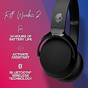 Skullcandy Riff 2 Wireless Headphones with Tile Finding Technology / 34 Hour Battery/Use with iPhone and Android/with Mic/Best for Music, Travel, and Gaming/Bluetooth Headphones - Black