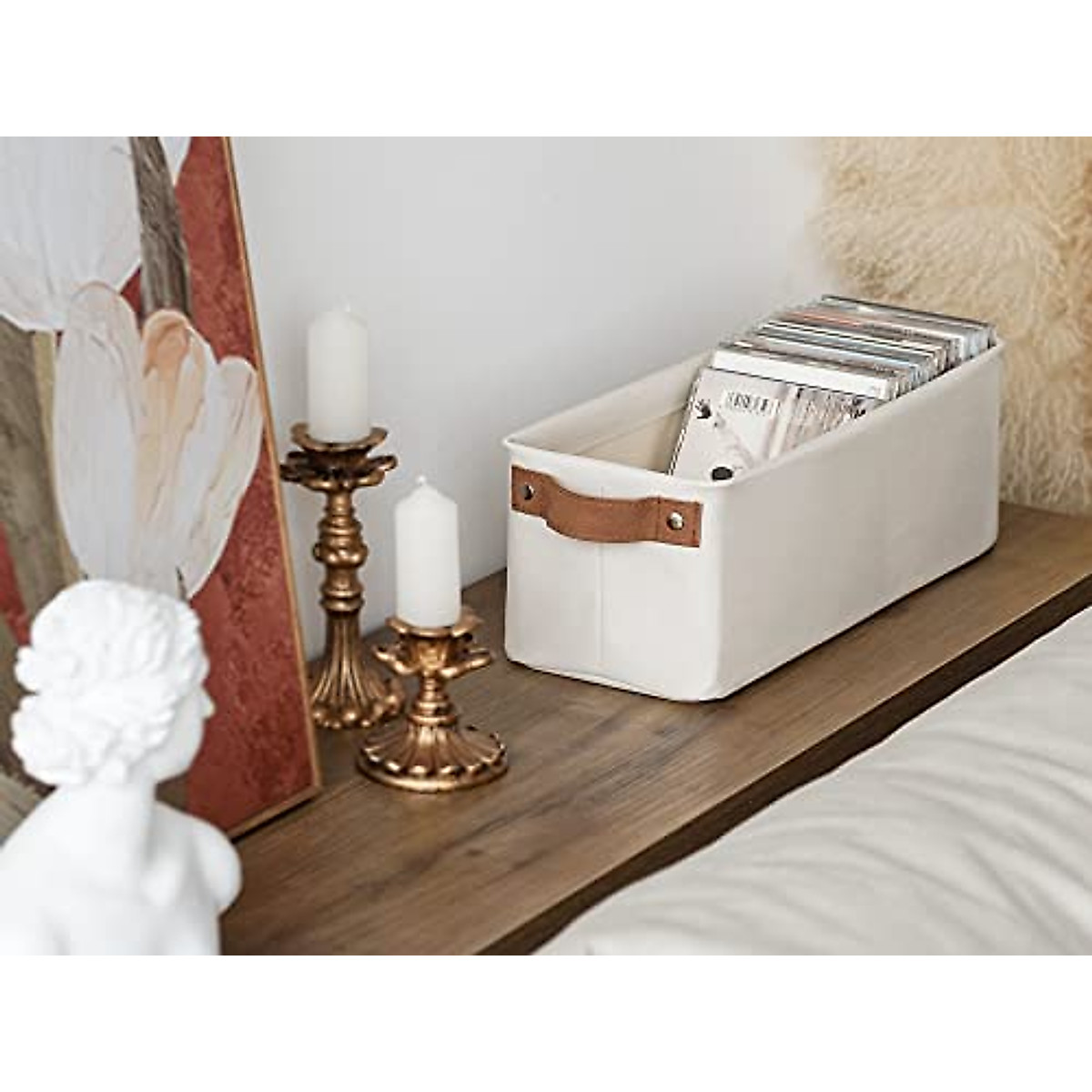 StorageWorks Narrow Storage Bins, Small Baskets for Organizing, Long Storage Basket with Handles, Fabric Storage Bins for Shelf, Beige, 2-Pack