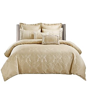 13-PC California King Size, SARA Bed in a Bag Including: Beige Duvet Cover Set+ 100% Cotton Sheet Set+ Bed Skirt+ Down Alternative Comforter