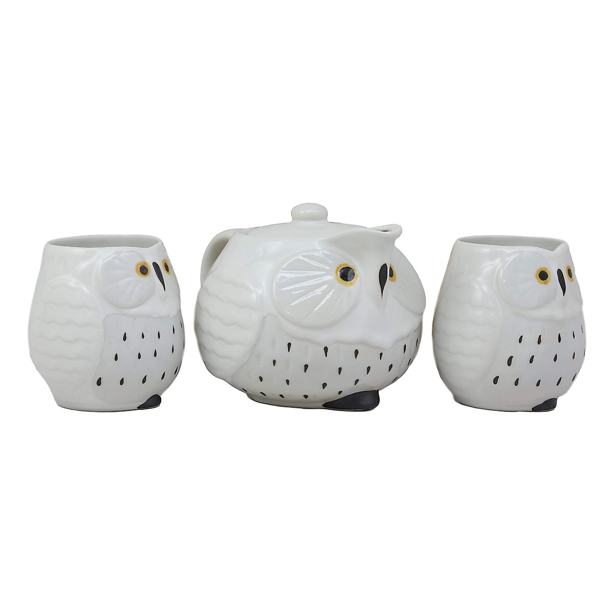 Ebros Gift Whimsical White Fat Snow Owl Ceramic 16oz Tea Pot With 2 Cups Set With Stainless Steel Strainer As Teapots And Teacups Home Decor Of Owls Owlet Nocturnal Bird
