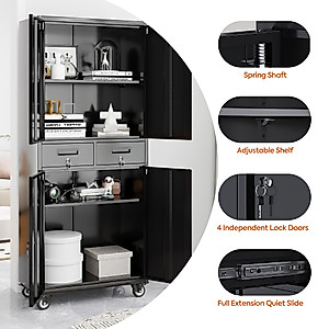 LOCENHU Garage Cabinet with Locking Doors,Tool Storage Cabinet with 4 Wheels and 2 Drawer and Adjustable Shelves- 71" H Rolling Storage Cabinet for Garage,Warehouse,Home,Office,School(Black)