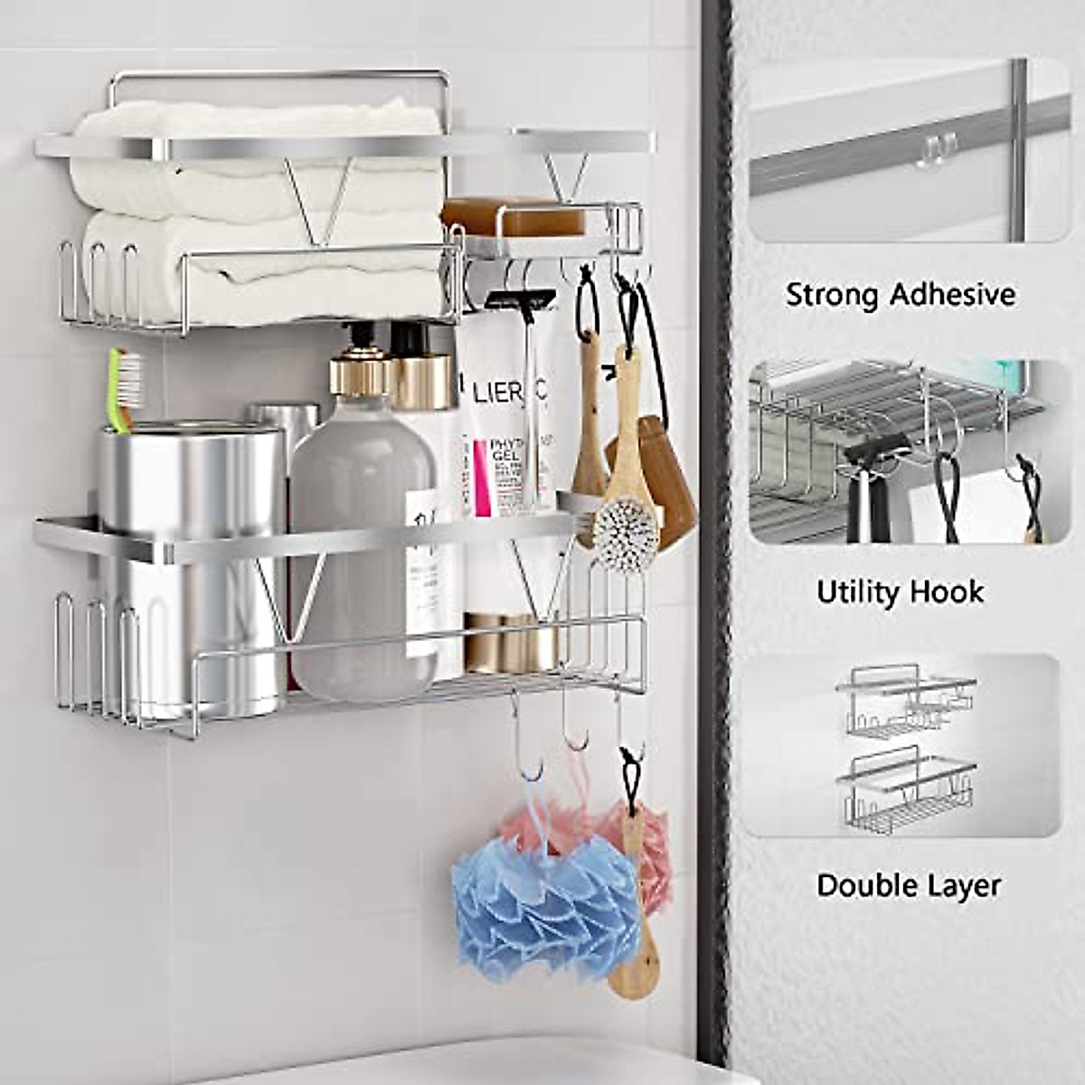 GARDIGER Shower Caddy Organizer, 2 Pack Stainless Steel Shower Shelf with 6 Hooks, No Drilling Adhesive Hanging Shower Storage Basket for Bathroom Kitchen (Silver)