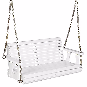 Giantex Wooden Porch Swing 2 Seat - Outdoor Swinging Chairs with Hanging Chains, 600 lbs Weight Capacity, 4 FT Finished Fir Wood Bench Swing for Patio, Outside, Garden, Lawn, Backyard (White)