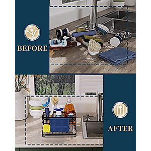 Consumest Sponge Holder Kitchen Sink Caddy Organizer, kitchen sink organizer with Drip Tray for Countertop, SUS304 Stainless Steel Rustproof Soap Sponge and Dish Brush Holder - Black