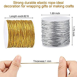 2 Rolls Metallic Elastic Cords Stretch Cord Ribbon Metallic Tinsel Cord Rope for Craft Making Gift Wrapping, 1 mm 55 Yards (Gold and Silver)