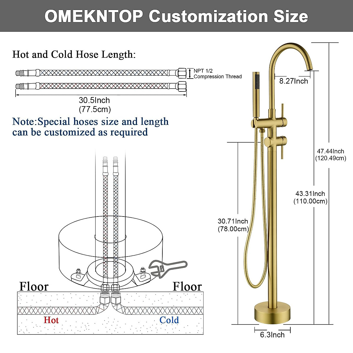 Freestanding Bathtub Faucet Floor Mount Tub Filler Brush Gold, OMEKNTOP Modern Freestanding Tub Faucet with 360 Swivel Gooseneck Spout and Handheld Shower, Standing Tub Faucet for Bathroom