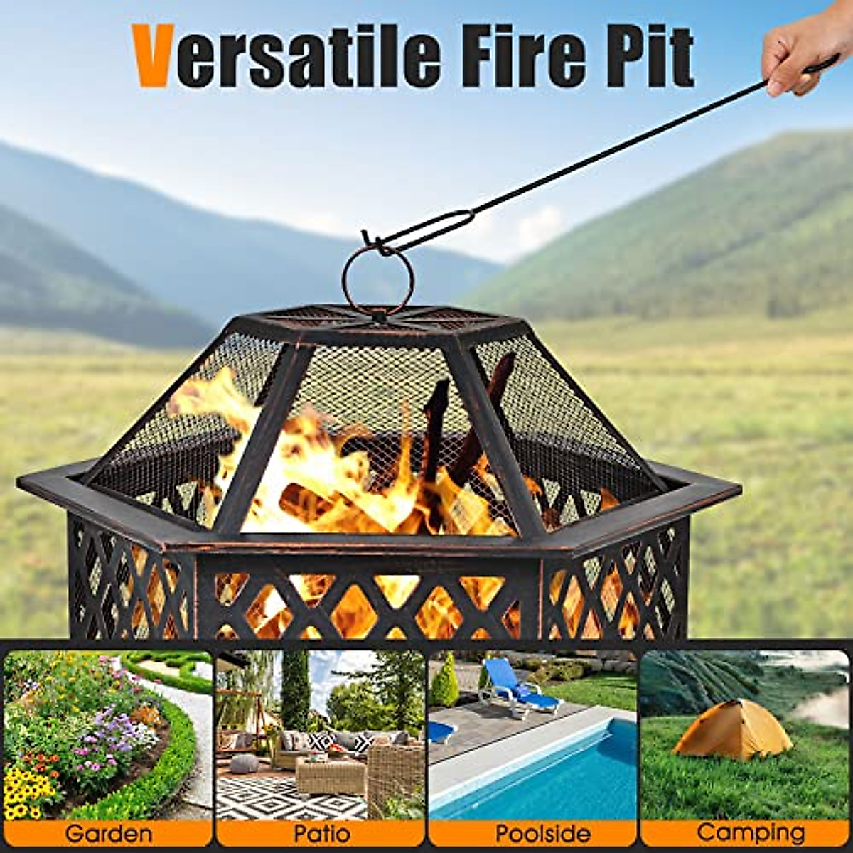 Giantex 26 Inch Outdoor Fire Pit, Large Hexagonal Fire Bowl with Spark Screen Cover and Poker, Wood Burning Firepit for Outside Camping Garden Patio Backyard
