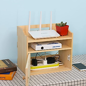 AVEEWA Wireless Router Storage Shelf Solid Wood Wireless Router Storage Box Desktop Set-Top Box Rack WiFi Box/Wood Color/32 * 21.5 * 28.5Cm