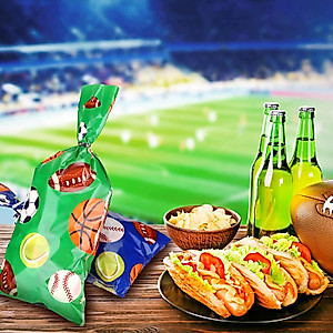 100 Pieces Sport Party Treat Bags Baseball Cellophane Bags Soccer Football Basketball Goodie Bags Sports Treat Bags with 150 Pieces Silver Twist Ties for Birthday Sport Party Favor Supplies