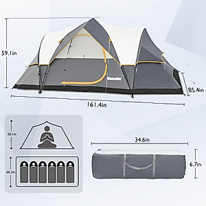 Mansader 6 Person Family Camping Tent,Waterproof Windproof with Top Rainfly,Easy Set Up,Pop Up Tent for Outdoor Camping Hiking Travel (Grey)