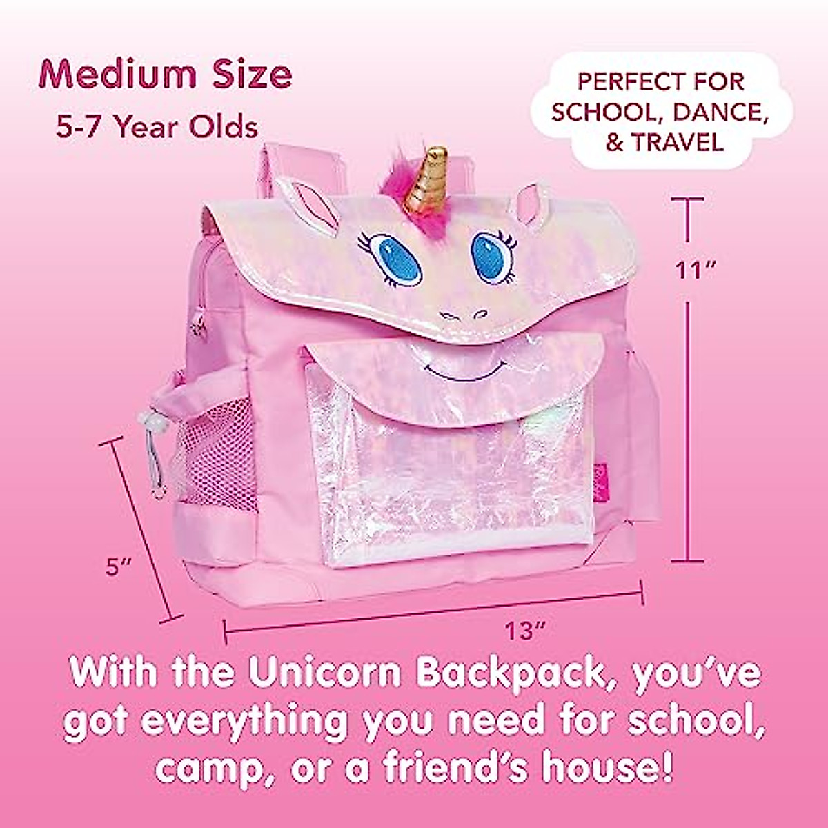 Bixbee Kids Backpack, Pink Unicorn Bookbag for Girls & Boys Ages 5-7 | Daycare, Preschool, Elementary School Bag for Kids | Easy to Carry & Water Resistant