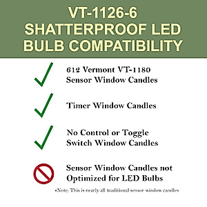 612 Vermont Shatterproof LED Window Candle Replacement Bulbs, Warm White 2700K, C26 Bulb, E12 Candelabra Base (Pack of 6)
