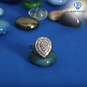 JEWELEXCESS White Diamond 1 Carat Ring with Sterling Silver or 14K Gold over Silver for Women & Girls | Teardrop Halo Promise Ring with Round & Baguette Cut Diamonds