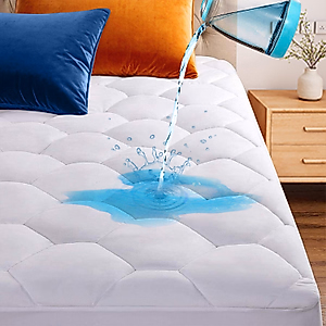Full Quilted Waterproof Mattress Pad Cover,Soft Mattress Pad Cover, Waterproof Mattress Protector Stretches up to 16” Deep Pocket-Hollow Alternative Filling-Cooling Mattress Topper