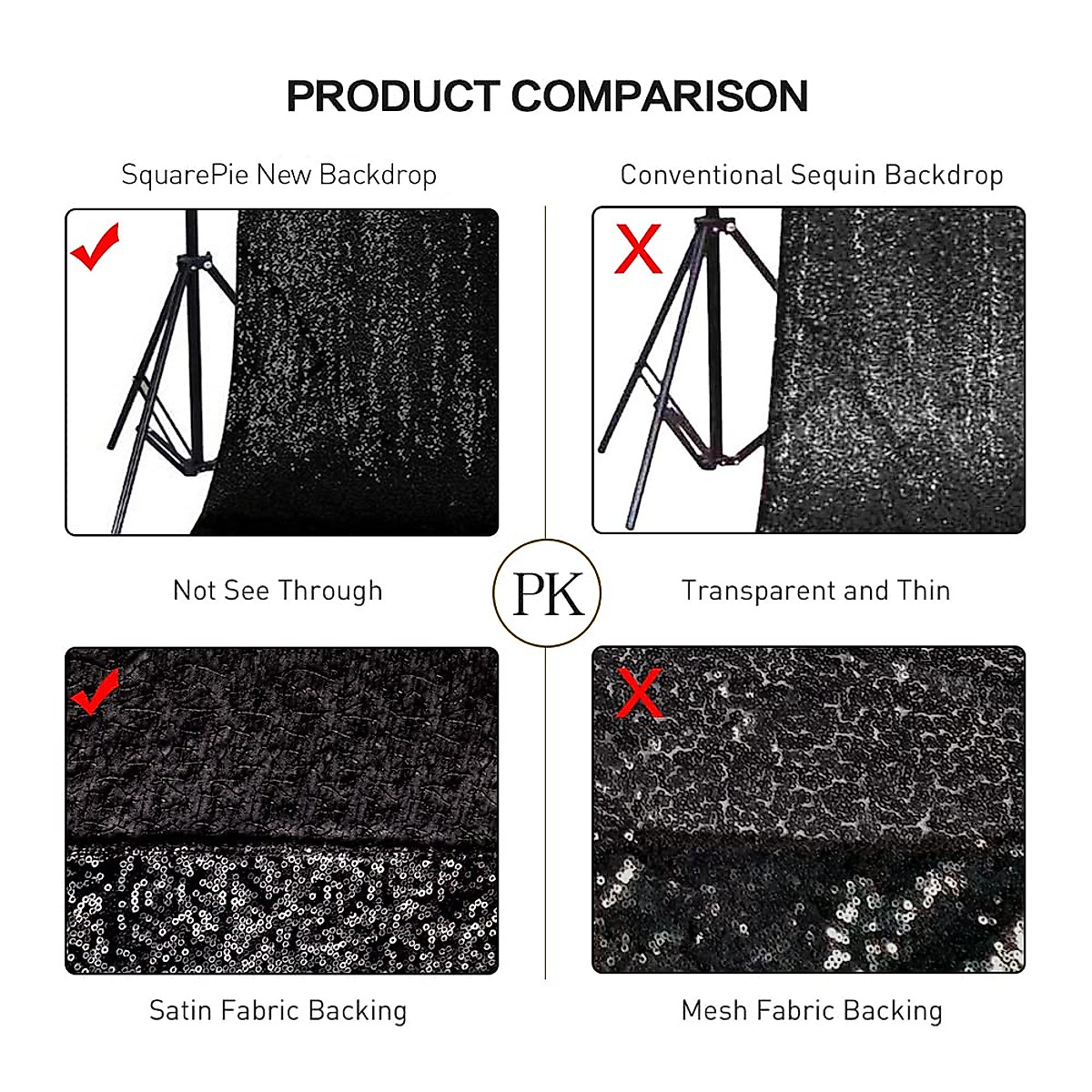 SquarePie Sequin Backdrop Not See Through Thick Stain Background Glitter Curtain Party 8FT x 8FT Black