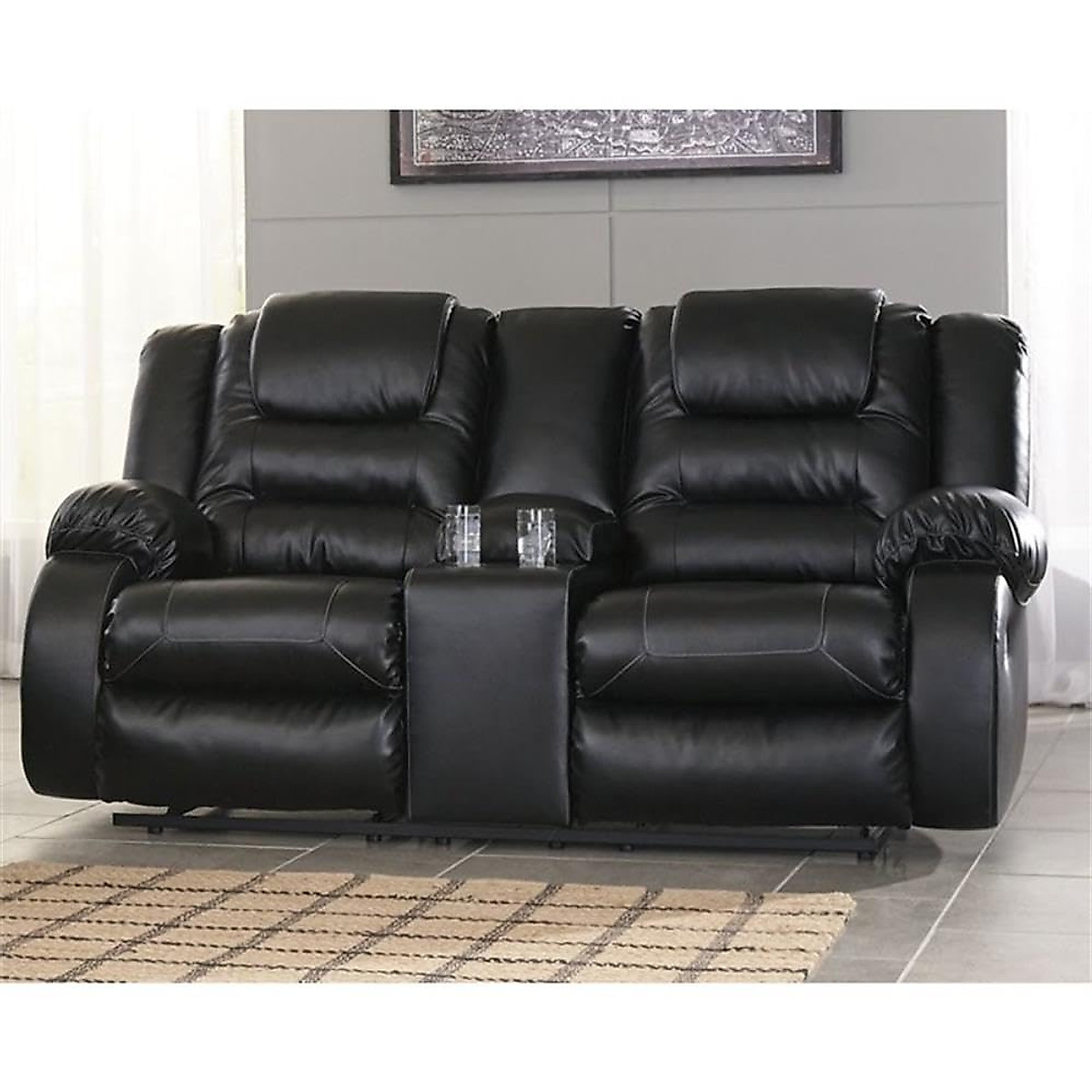 Signature Design by Ashley Vacherie Faux Leather Manual Pull-Tab Double Reclining Loveseat with Center Console, Black