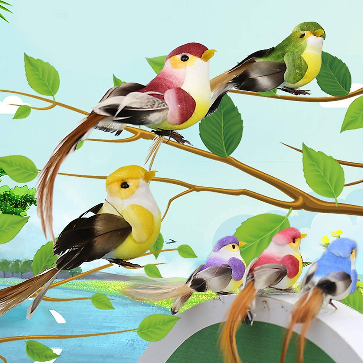 Oumefar 12Pcs Beautiful Simulated Birds Ornament,Lovely Artificial Simulation Foam Bird for Statues Tree Lawn Home Garden Decoration