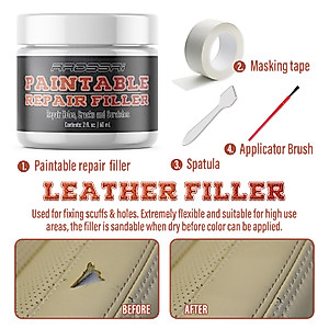 Paintable Leather Repair kit for Furniture, Leather Car Seat Repair Kit for Restoring Scratches, Tears, Holes, Cracks, Burns on Car Interior, Furniture, Shoes, with Step-by-Step Guide (White, 2 oz)