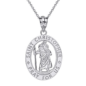 CaliRoseJewelry 10k Saint Christopher Pray for Us Oval Charm Pendant Necklace in White Gold, 16"