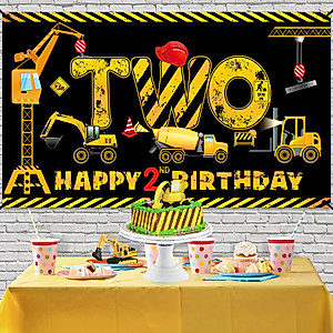 Construction 2nd Birthday Banner Decorations for Boys Kids, Dump Truck Construction Theme Two Birthday Backdrop Party Supplies, Excavator Crane Digger Two Year Old Poster Sign