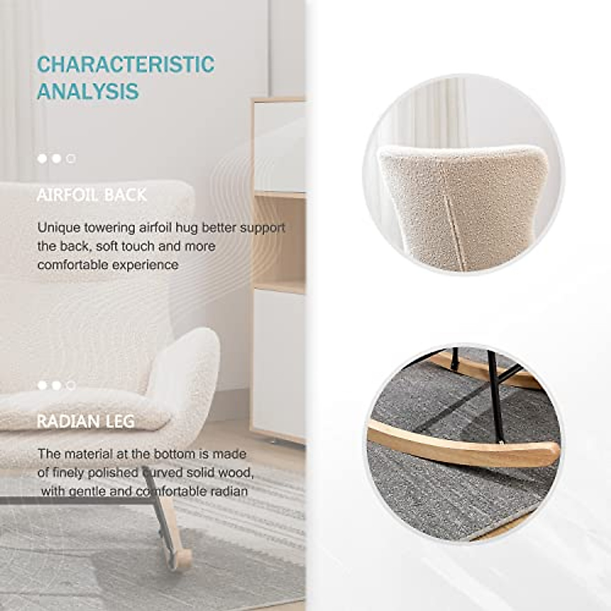 Tsuysi Teddy Rocking Chair Nursery, Upholstered Rocking Chairs with High Backrest and Armrests, Small Glider Chair for Nursery, Living Room, Bedroom (Beige)