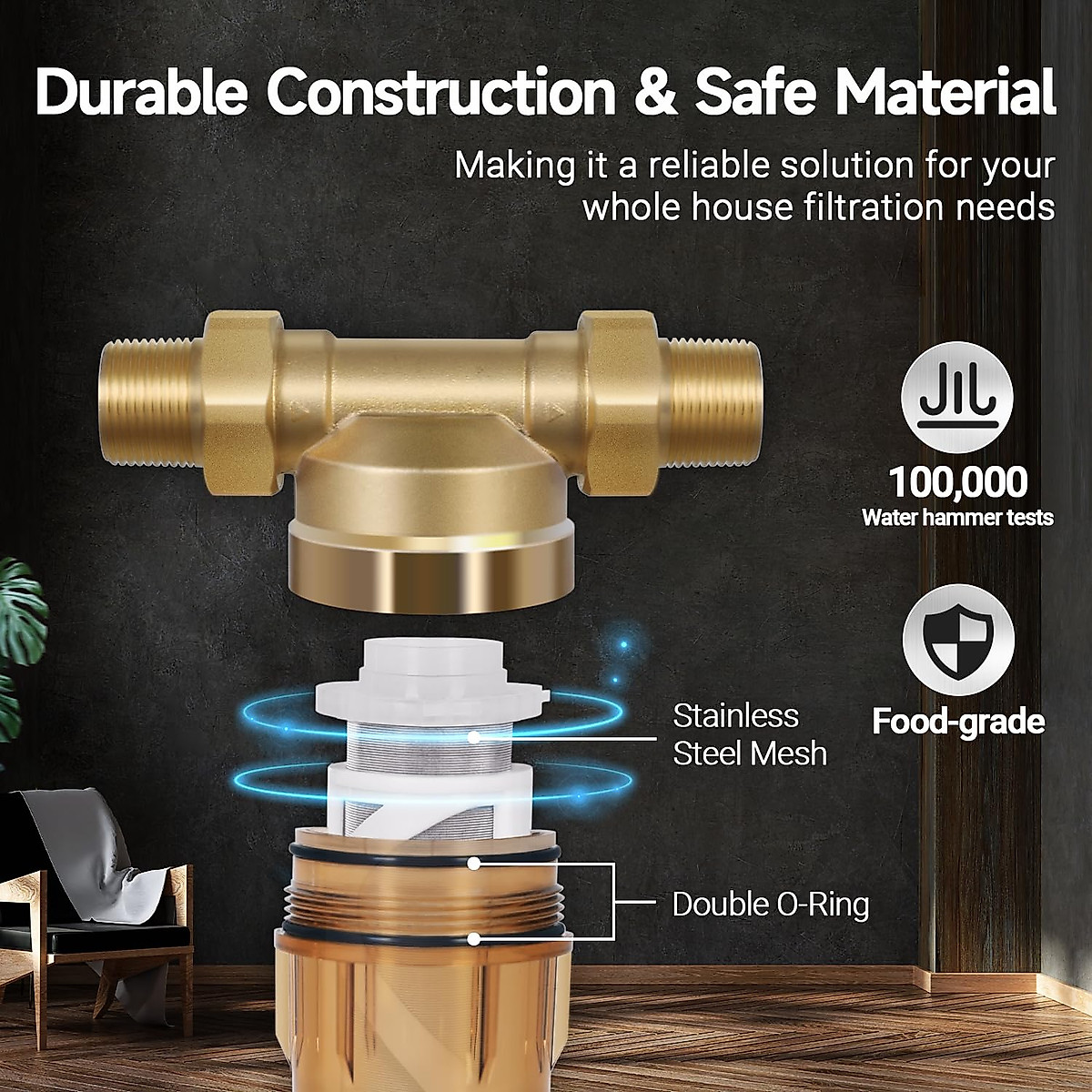 PUREPLUS 40 Micron Whole House Spin Down Sediment Water Filter With Scrapper, Reusable Flushable Pre-Filtration System for City/Tap water, 1" MNPT + 3/4" FNPT + 3/4"MNPT, Brass, BPA Free, USA Tech