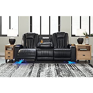 Signature Design by Ashley Center Point Contemporary Faux Leather Tufted Reclining Sofa with Drop Down Table, Black