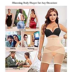 Nebility Women Butt Lifter Shapewear Hi-Waist Double Tummy Control Panty Waist Trainer Body Shaper (L, Beige-Mid Thigh)