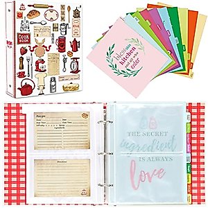 Recipe Binder Book Organizer Keeper Kit 50 PCS Recipe Cards 10 Dividers 50 Plastic Sleeves 3 Ring 8.5 X 9.5 inch Gifts