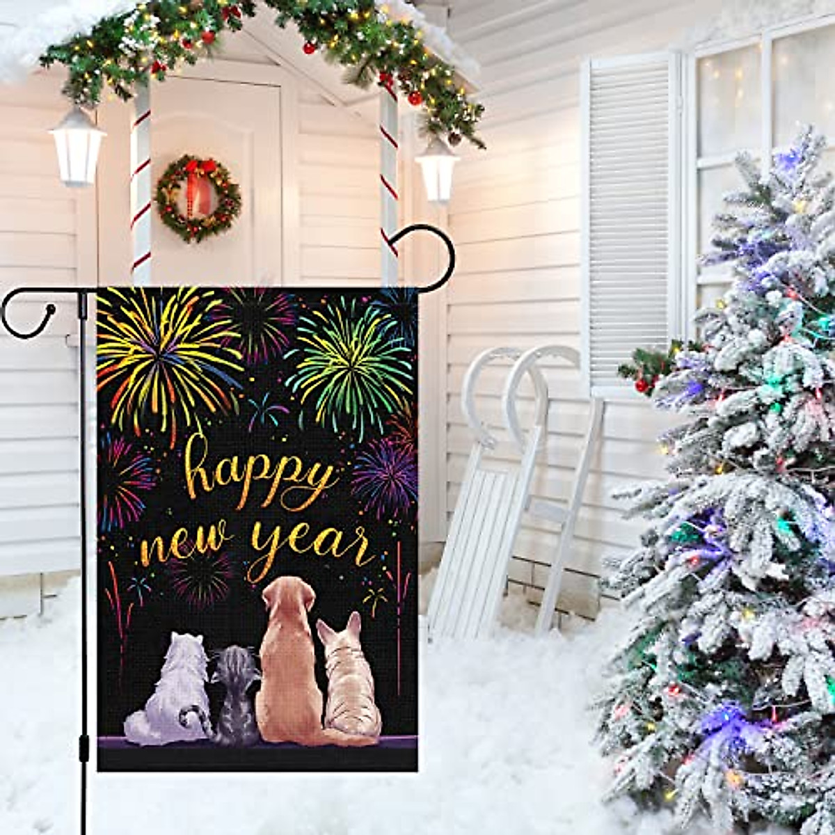 Happy New Year Garden Flag 12x18 Double Sided Vertical, Burlap Small Fireworks Cat Dog New Year Eve Yard Flag Sign Welcome Holiday Winter House Outdoor Outside Decorations (ONLY FLAG)