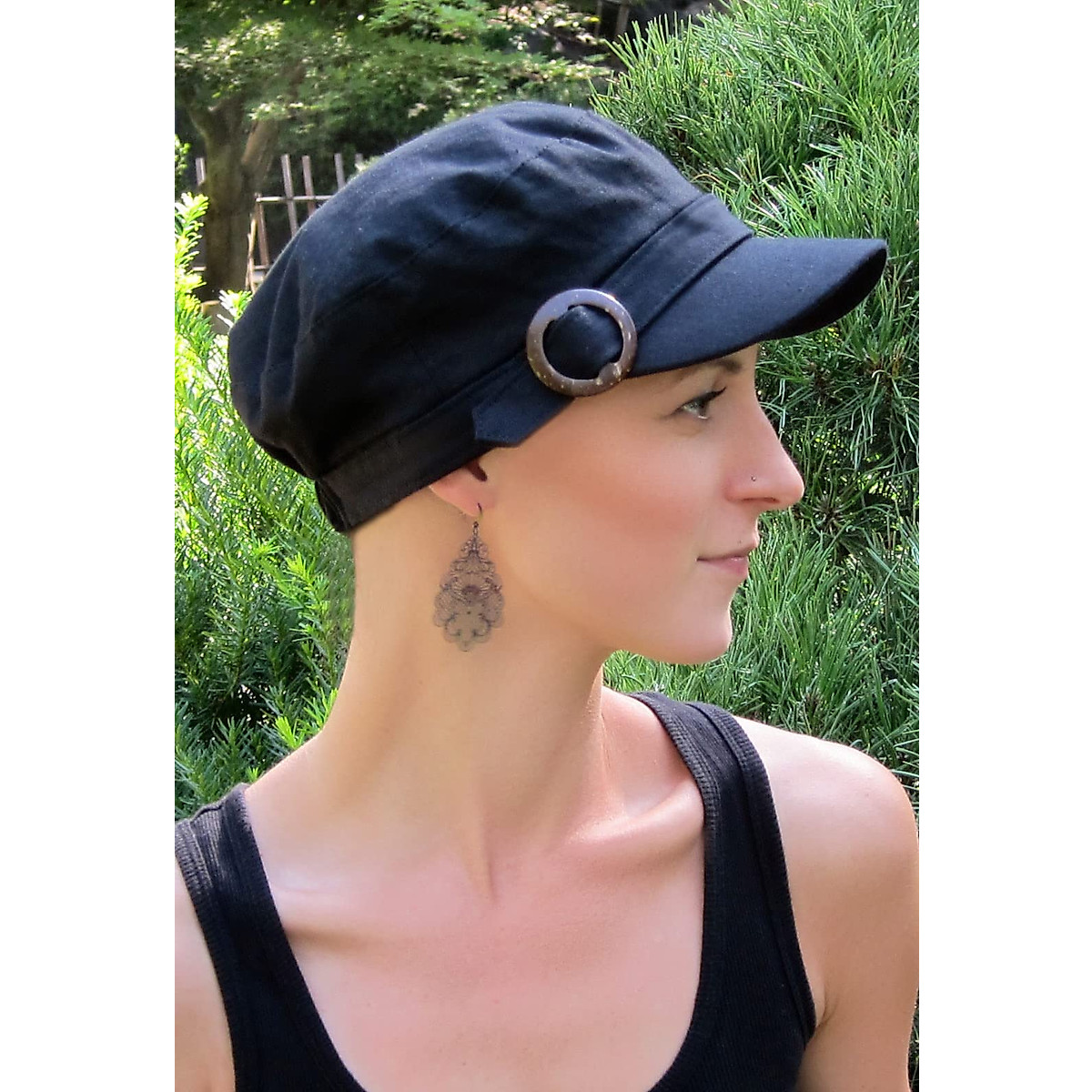 Hats Scarves & More Womens Chemo Cadet Cap Short Billed Newsboy Hat Soft Cap for Bald Women Black