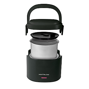 Nostalgia Portable 20-Ounce Electric Heated Lunch Box – Travel Size 2.5 Cup Capacity for Soup, Chili, and Leftovers – Leak Proof Silicone Sealed Lid, Foldable Carry Handle, Detachable Cord – Black