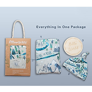 Miaoberry Organic Muslin Baby Boy Swaddle Blanket and Hat Set Newborn Unisex Neutral| Adventure Awaits| Boho Mountain Forest |Photo Props Birth Announcement Card