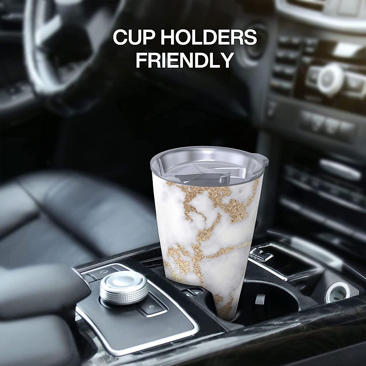 Modern Chic White Gold Foil Marble 20oz Tumbler Stainless Steel Vacuum Insulated Coffee Travel Mug Durable Insulated Coffee Travel Mug with Splash-Proof Lid Metal Straw and Brush Thermal Cup Outdoor